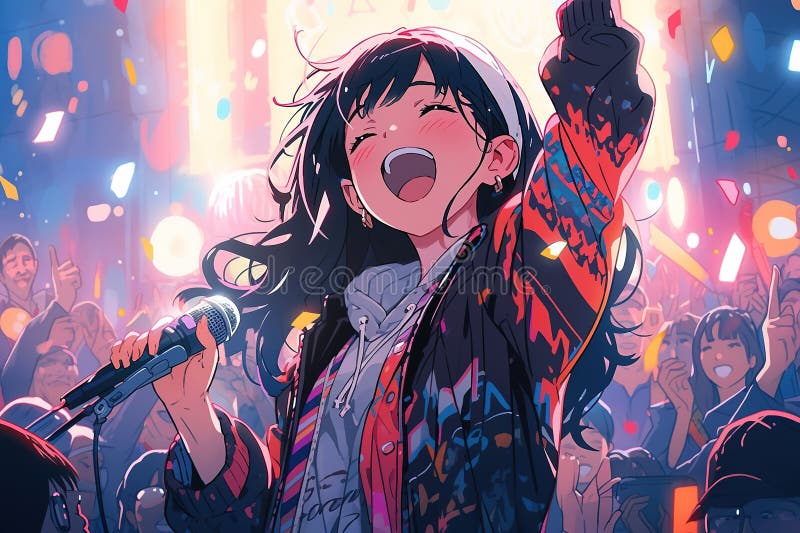 Happy Anime Girl Singing on Stage into a Microphone in a Crowd of ...