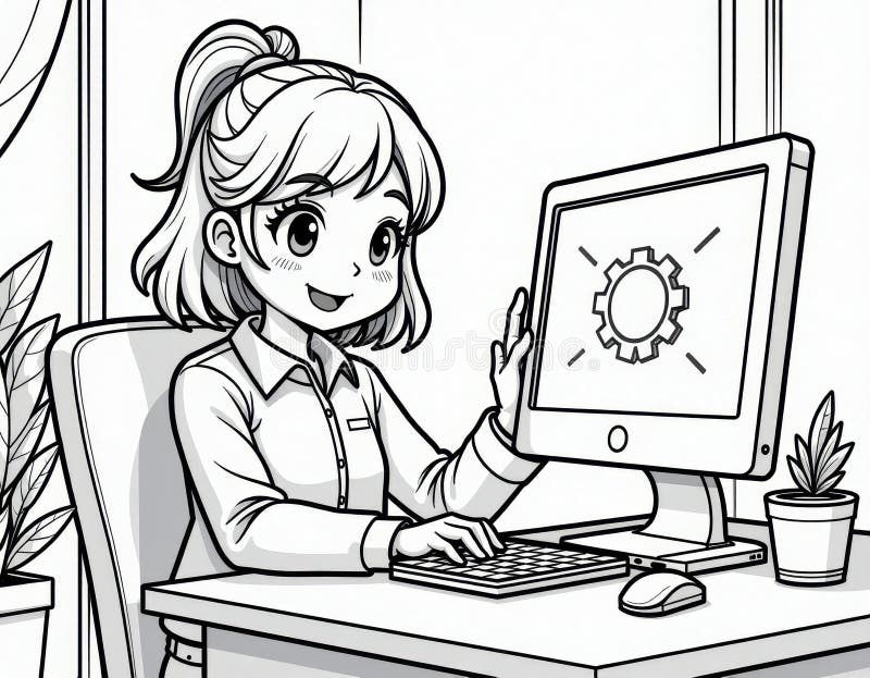 Happy Anime Girl Working on Computer with Technology Icon Stock ...
