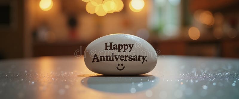 "Happy Anniversary Message on Decorative Stone in Warm Cozy Setting ...