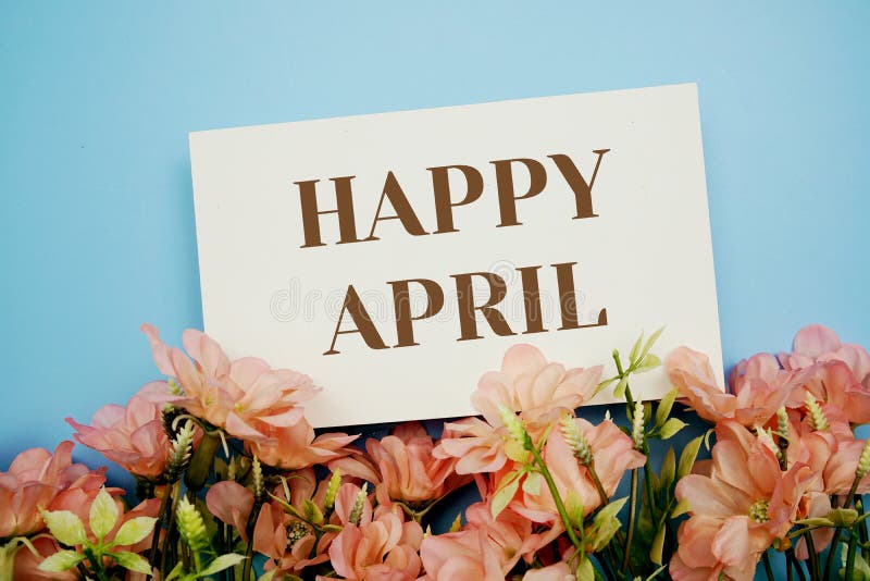 Happy April Text with Flower Frame on Blue Background Stock Image ...