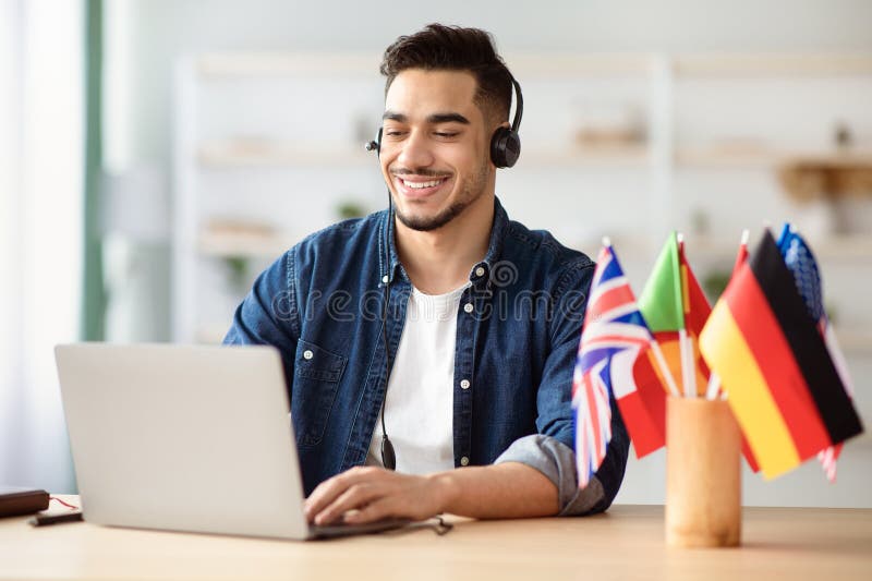 Happy Arab Guy Student Learning Foreign Language Online Stock Image - Image of teacher, flag ...