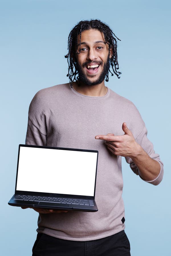 Happy Arab Man Presenting Software Application on Laptop Stock Image ...