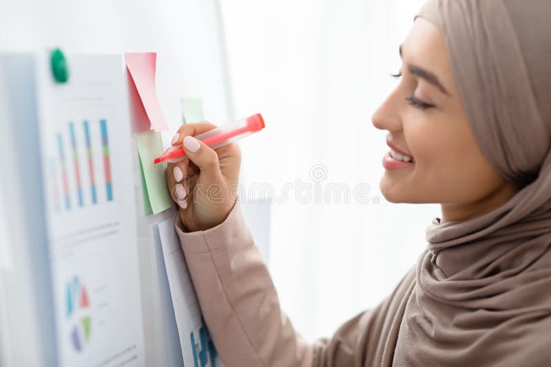 Arabic Businesswoman Preparing for Presentation in Office, Writing ...