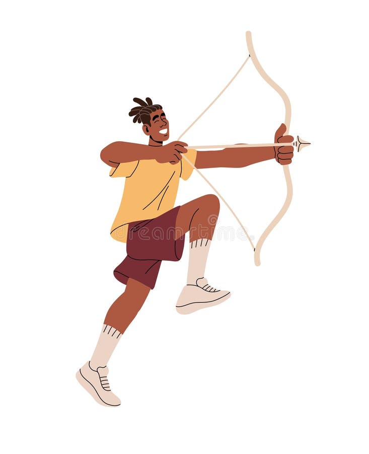 Happy Archer Pulls Bowstring, Aiming with Closed Eyes in Jump, Flight ...