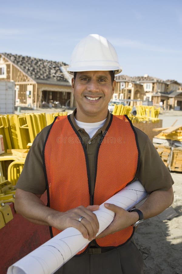 Happy Architect with Blueprint at Site Stock Image - Image of ...