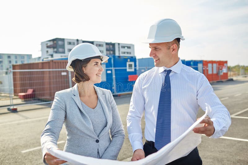 Happy Architects with Blueprint at Building Stock Photo - Image of ...