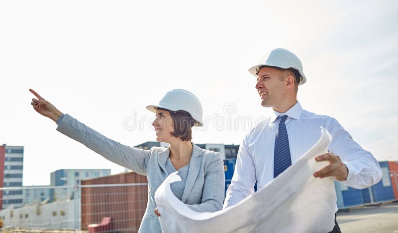 Happy Architects with Blueprint at Building Stock Photo - Image of ...
