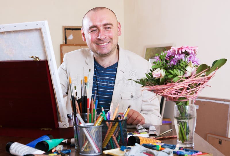 Happy artist draws stock image. Image of creativity, hobbies - 57043467