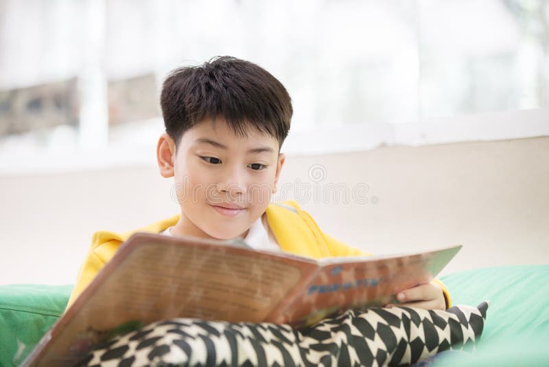 Happy Asian Boy Reading Story Book on the Sofa Stock Image - Image of ...