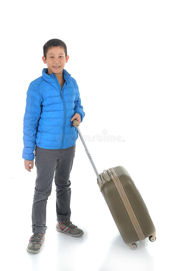 Happy Asian Boy Wearing Blue Down Jacket Stock Image - Image of station ...