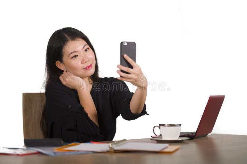 Happy Asian Chinese Business Woman Taking Selfie Photo With Mobile