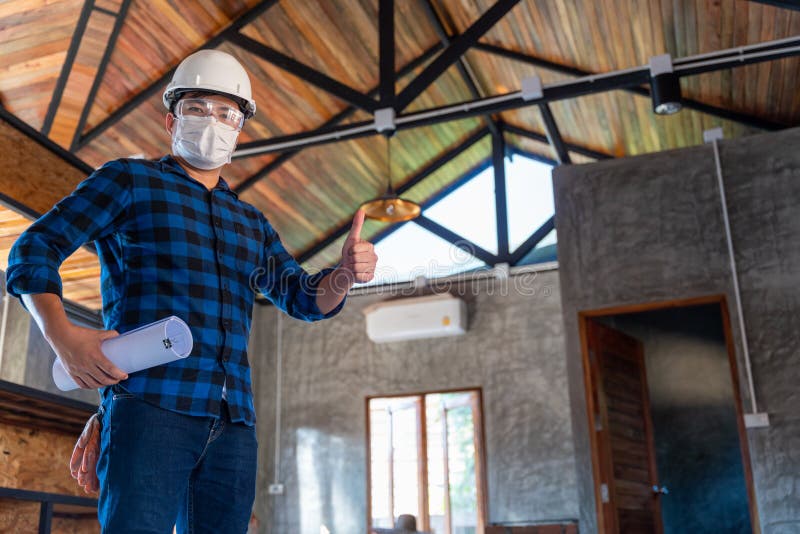Happy Asian Construction Engineer Technician Inspect the Wood Structure ...