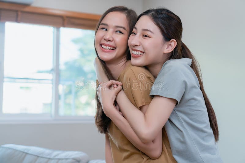 Happy Asian Girl Couple Cheerful Homosexual Couple Hugging Each Other