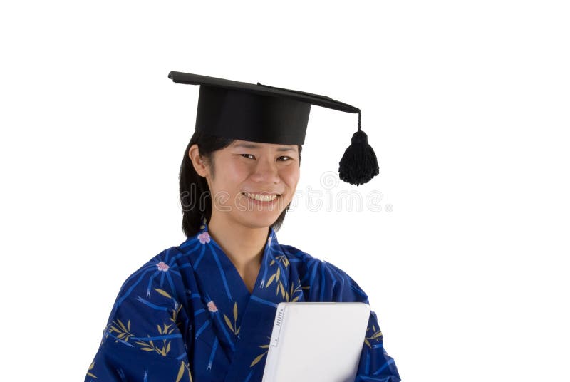 Asian Graduate Woman in Cap Gown on Isolated White Background Wall ...