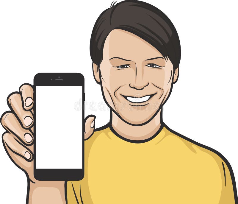 Happy Asian Man Showing a Mobile App on a Smart Phone Stock Vector ...