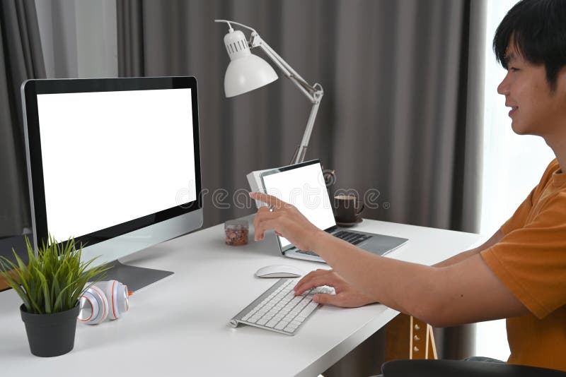 Happy Asian Man Working Online with Computer in Modern Home Office ...