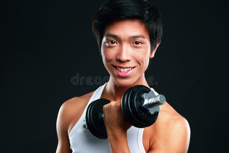 Happy Asian Man Working Out with Dumbbells Stock Photo - Image of asian ...