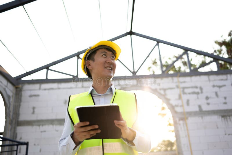 Happy Asian Smiling in Engineering Uniform at Construction Site while ...