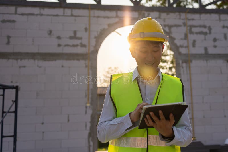 Happy Asian Smiling in Engineering Uniform at Construction Site while ...