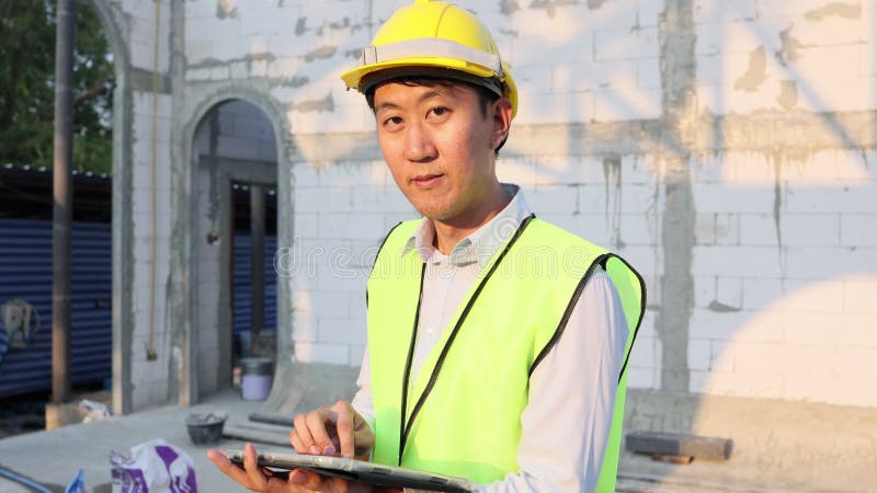 Happy Asian Smiling in Engineering Uniform at Construction Site while ...