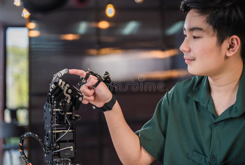 Happy Asian Teenage Boy Sitting Learning Technology Testing Hand and ...