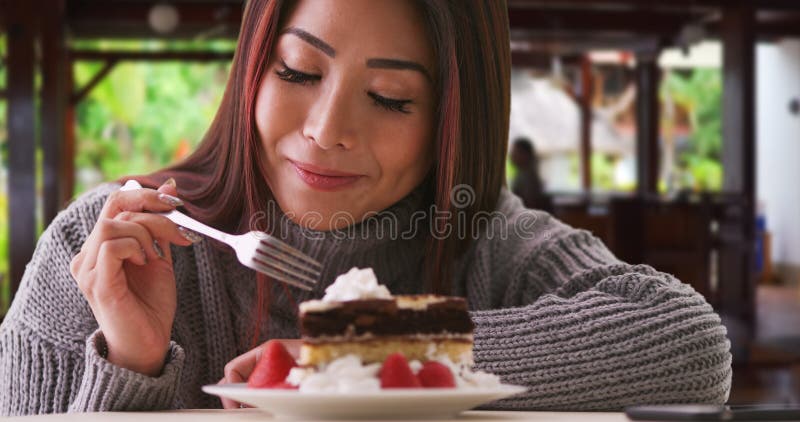 Happy Asian Woman Eating Cake at Home Stock Image - Image of pleasure ...
