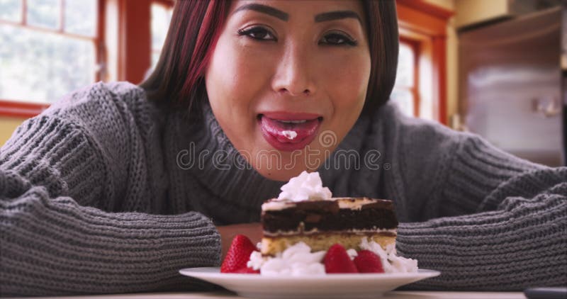 Happy Asian Woman Smiling with Cake at Home Stock Footage - Video of ...