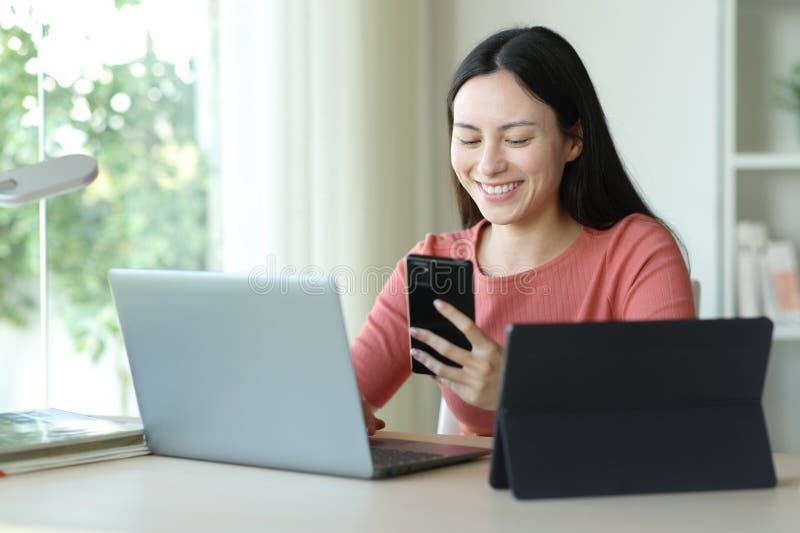 Happy Asian Woman Using Multiple Devices at Home Stock Image - Image of ...