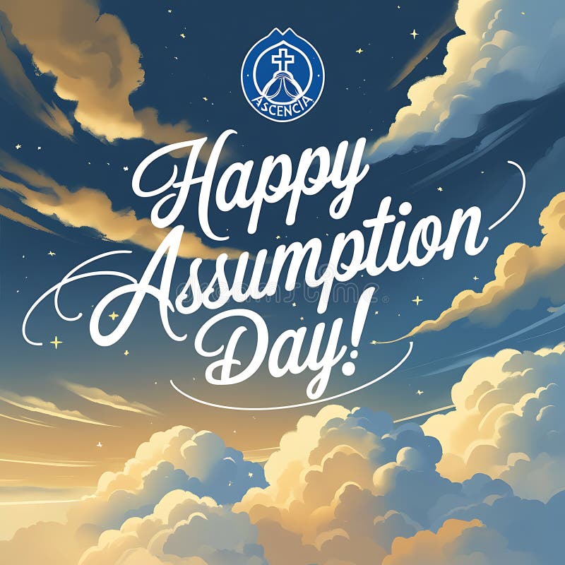 Happy Assumption Day Greeting with Clouds and Logo 2 Stock Illustration ...