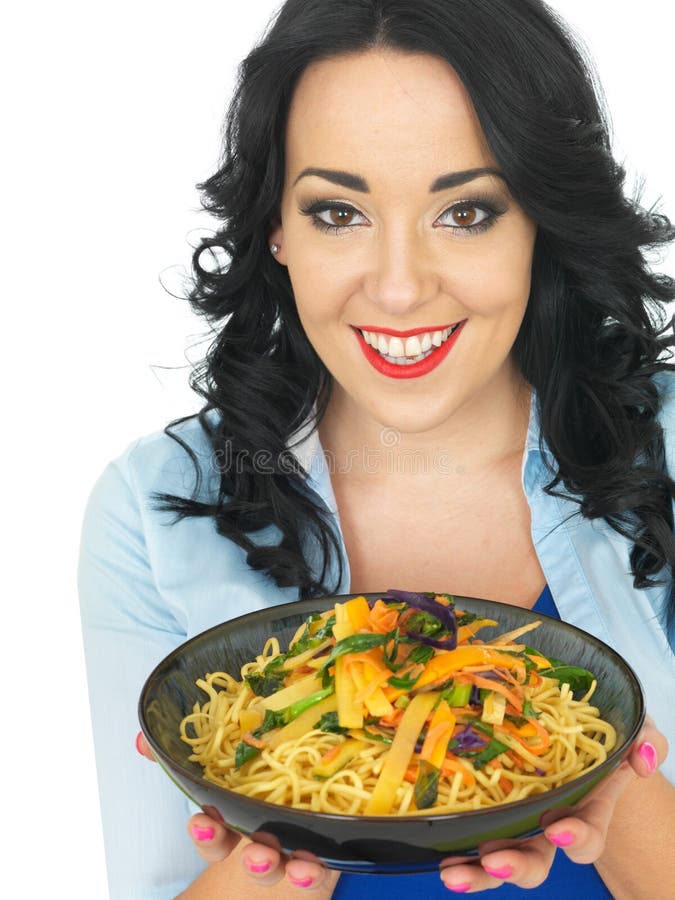 Young Healthy Woman Holding Bowl Fresh Noodles Stir Fried Vegetables