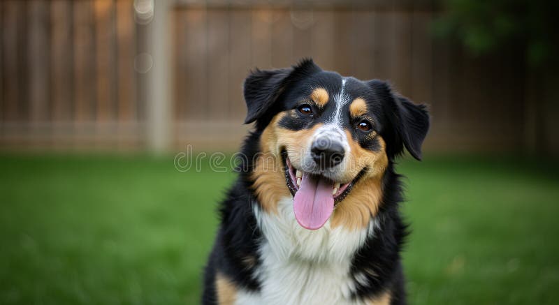Happy Australian Shepherd Dog Smiling Outdoors in the Grass Yard Stock ...