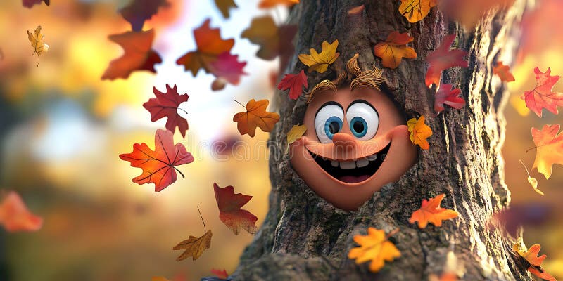 Happy Autumn Tree Face Fall Leaves Background Image Stock Illustration ...