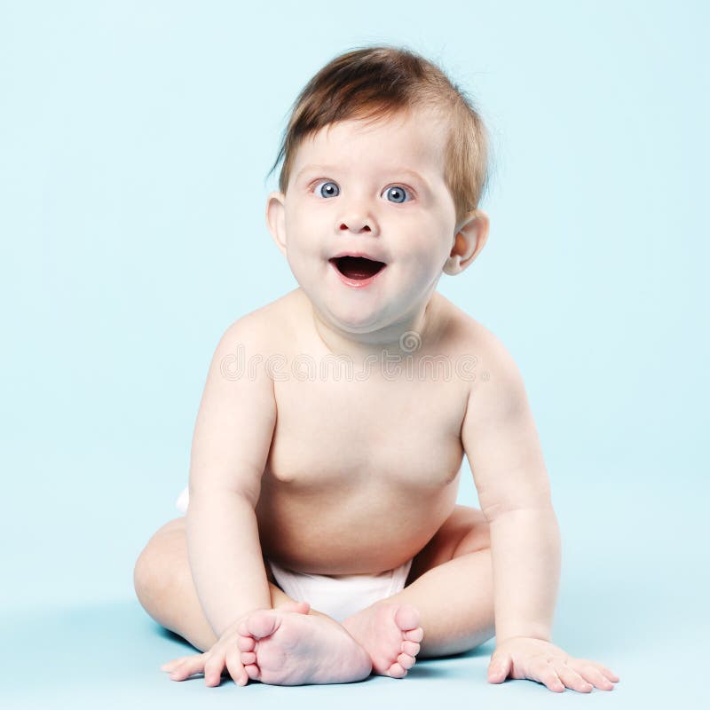 Happy Baby on Blue Background Stock Photo - Image of infant, happy ...