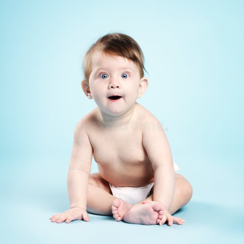 Happy Baby on Blue Background Stock Photo - Image of health, diaper ...