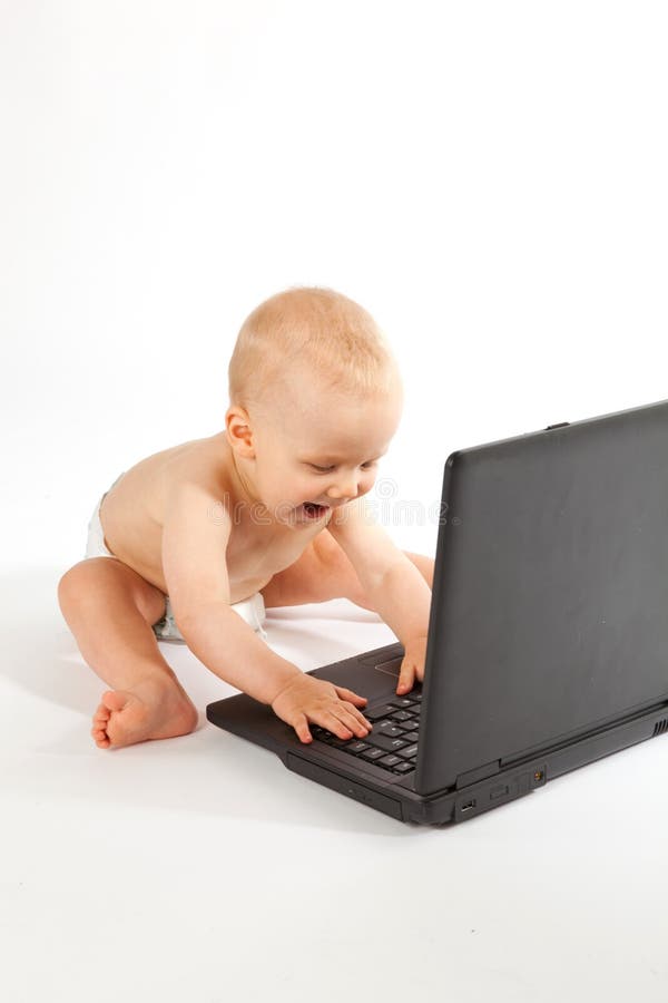 Happy Baby Boy Playing a Computer Game Stock Photo - Image of blonde ...
