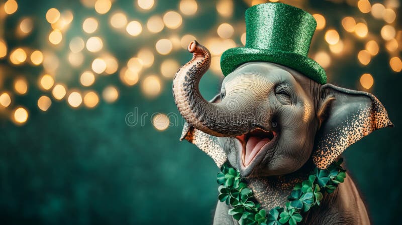 A Happy Baby Elephant Wearing a Green Top Hat Stock Illustration ...