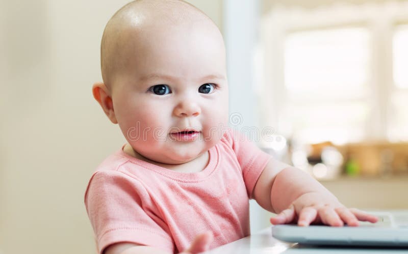 Happy Baby Girl Using Laptop Computer Stock Photo - Image of japanese ...