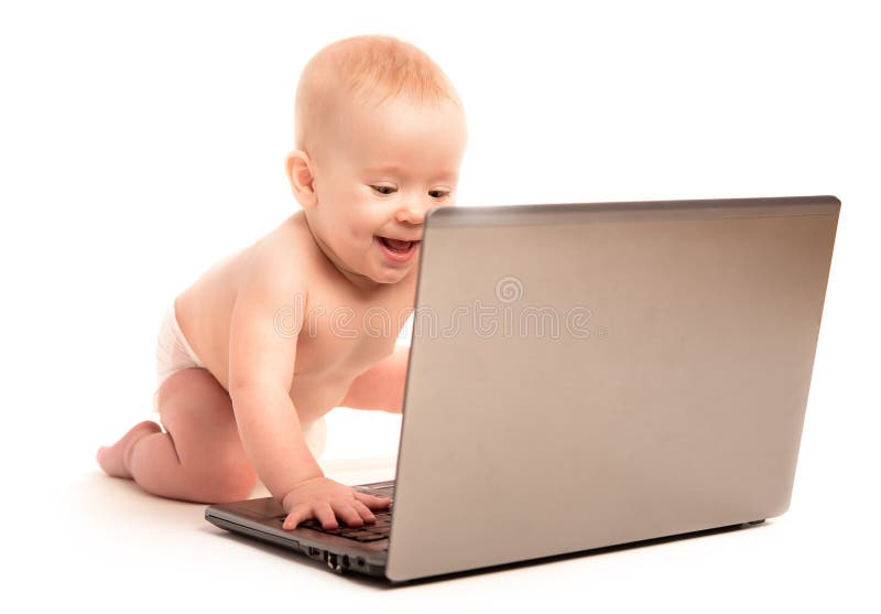 Happy Baby and a Laptop Computer Isolated Stock Photo - Image of joyful ...