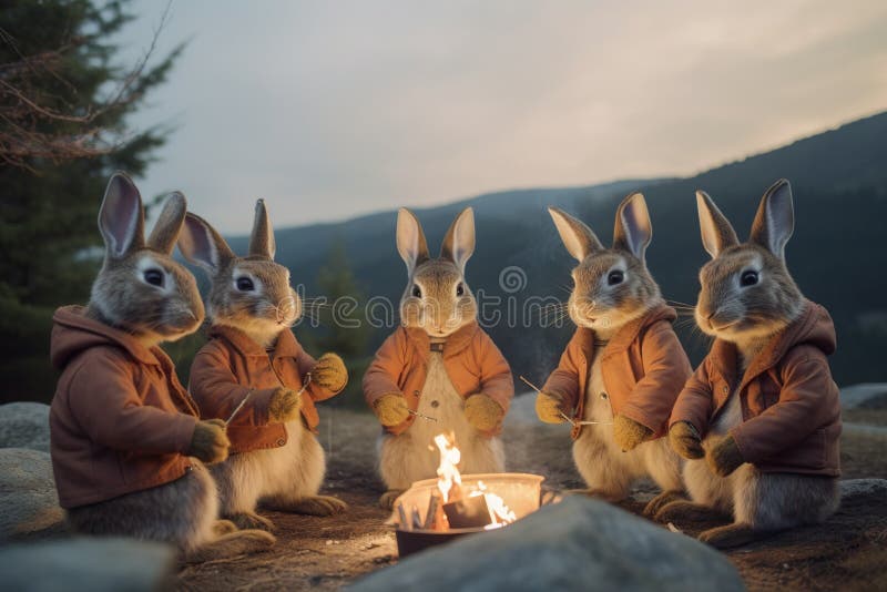 Happy Baby Rabbit Dressed As Boy Scouts Sit by the Fire Stock ...