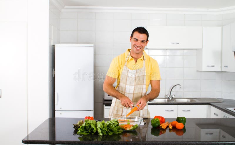 Happy bachelor cooking stock photo. Image of health, apron - 12821208