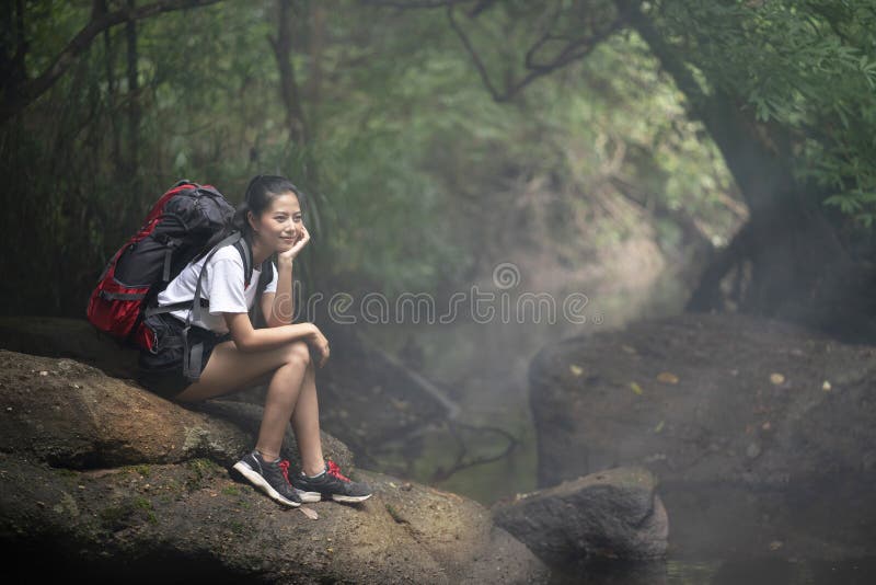 Happy backpack woman stock photo. Image of holiday, asia - 156441126