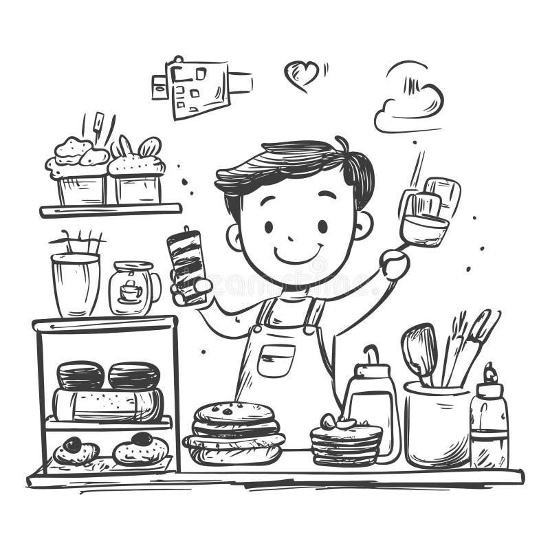 Happy Boy Selling Delicious Bakery and Drinks at His Stand Stock Vector ...