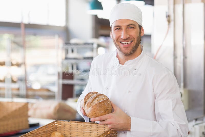 Happy Baker with Loaf of Bread Stock Image - Image of cheerful ...