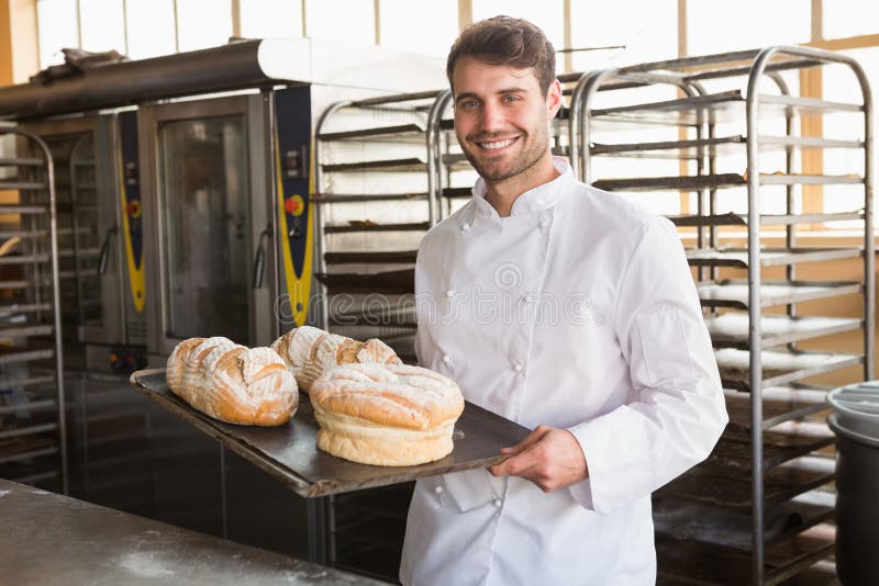 Happy Baker Showing Tray with Bread Stock Photo - Image of lifestyle ...