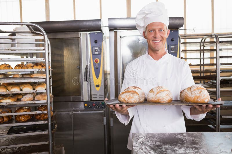 Happy Baker Showing Tray of Fresh Bread Stock Image - Image of bakery ...