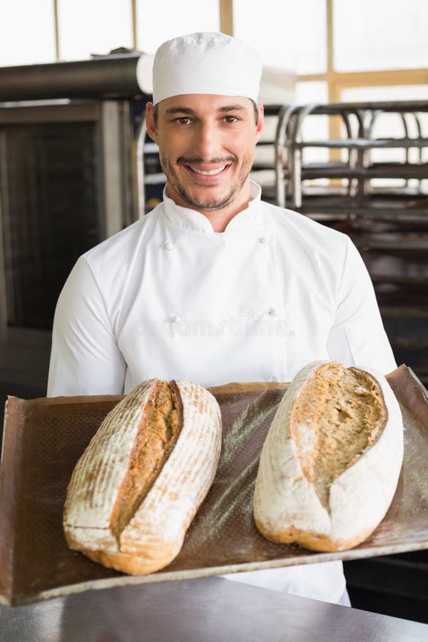 Happy Baker Showing Tray of Fresh Bread Stock Photo - Image of chef ...