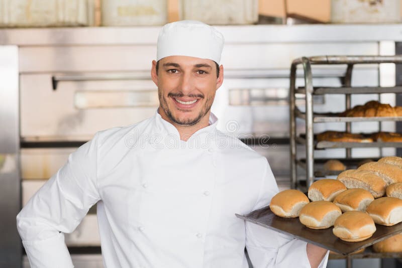Happy Baker Showing Tray of Fresh Bread Stock Image - Image of bakery ...