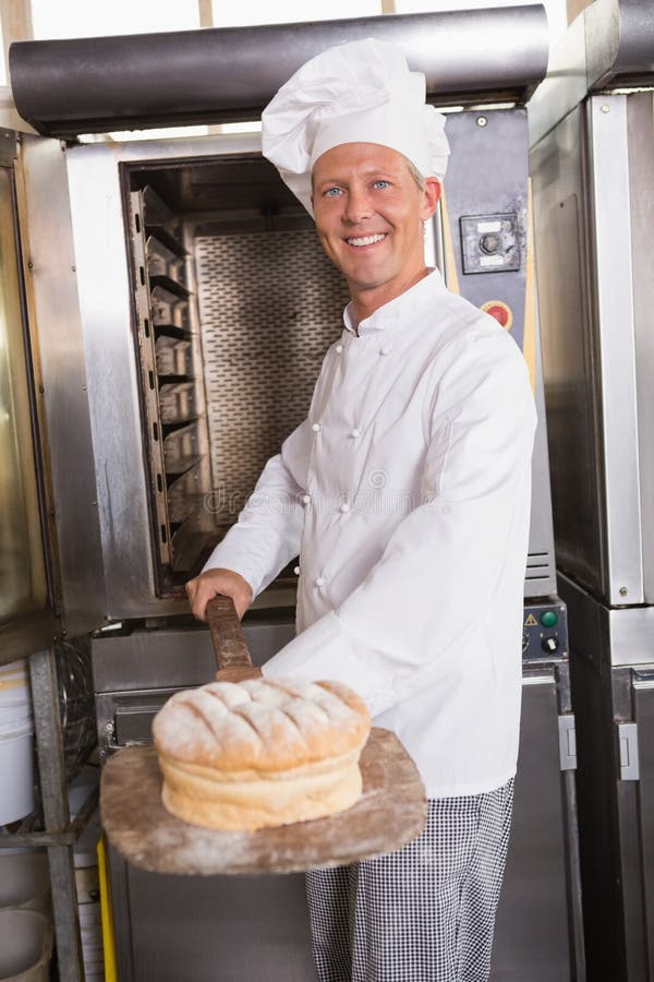 Happy Baker Taking Out Fresh Loaf Stock Image - Image of industry ...