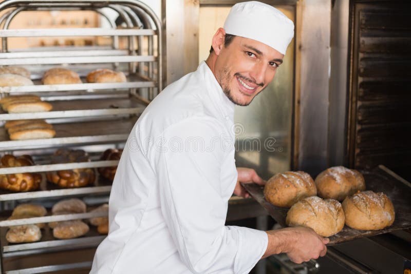 Happy Baker Taking Out Fresh Loaves Stock Image - Image of oven, chefs ...