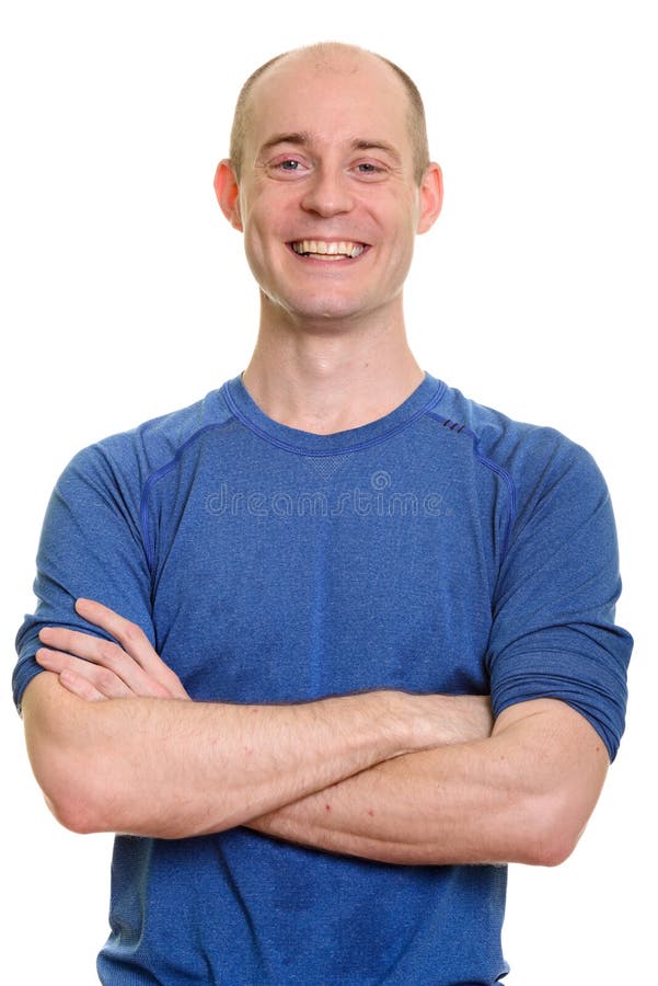 Happy Bald Caucasian Man Smiling while Holding Glass of Water and Apple ... Happy Bald Caucasian Man Smiling while Holding Glass of Water and Apple ...